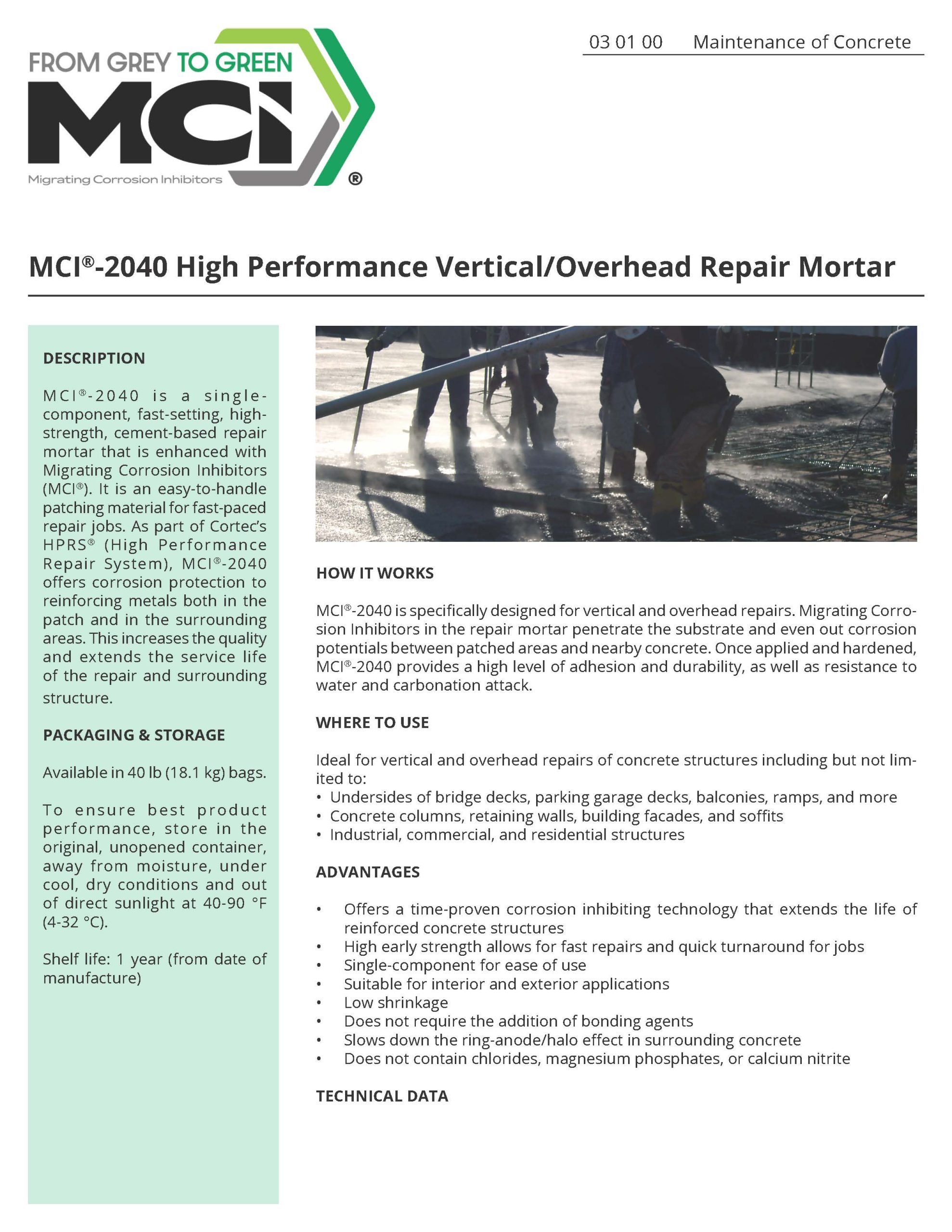 MCI®-2040 High Performance Vertical/Overhead Repair Mortar | Cortec® MCI®